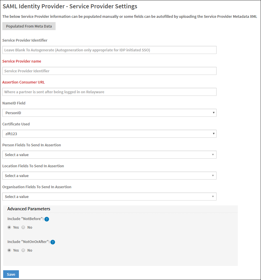 Manage SAML Service Providers: Add New Service Provider – ZiftPRMAdmin