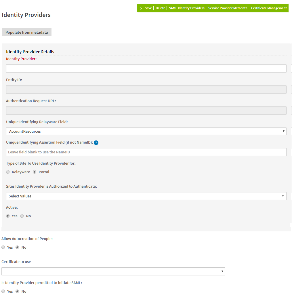 Manage SAML Identity Providers – ZiftPRMAdmin